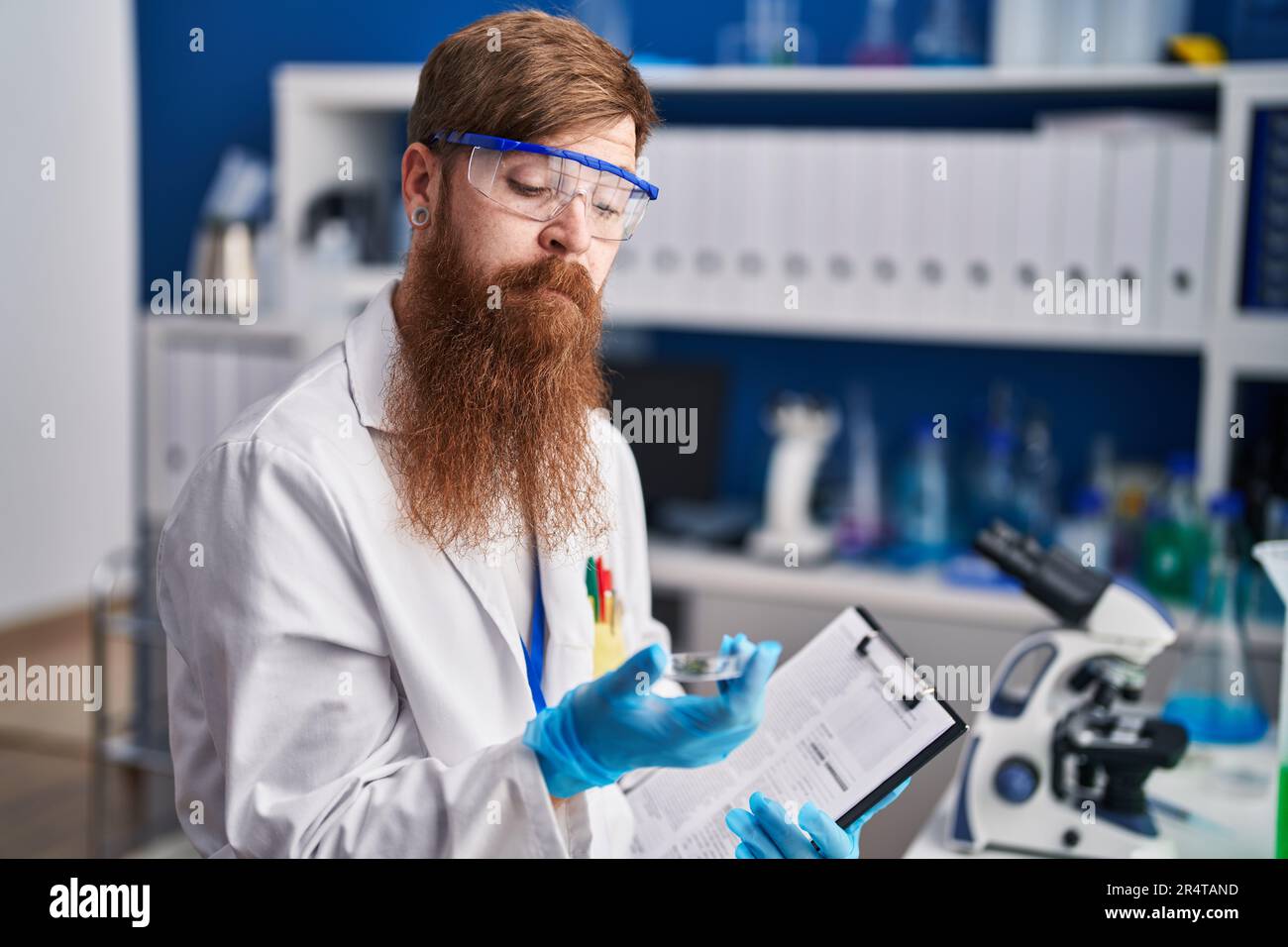 Young redhead man scientist reading report holding sample at laboratory ...