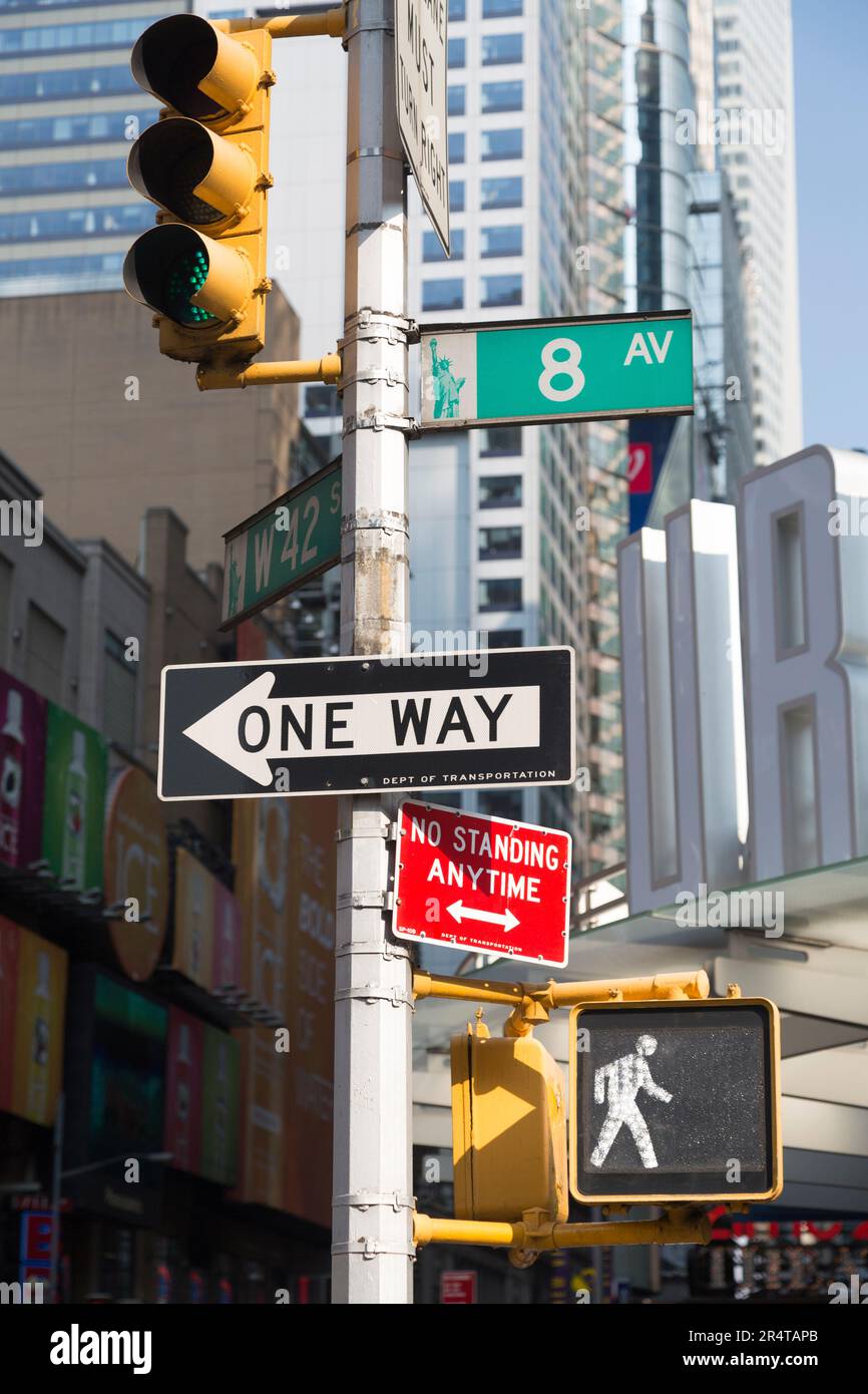 US, New York, 8th Avenue signpost and lights Stock Photo - Alamy
