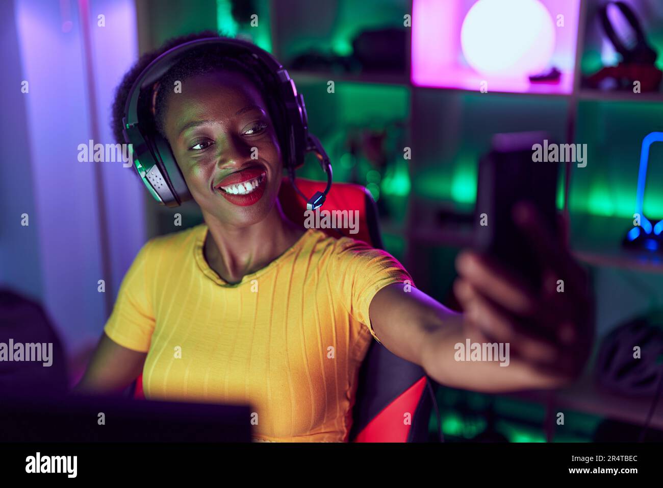 African american woman streamer smiling confident make selfie by ...