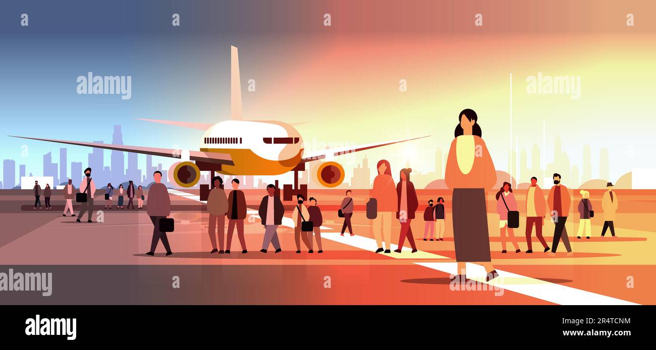multiethnic people group standing near airplane mix race men women ...
