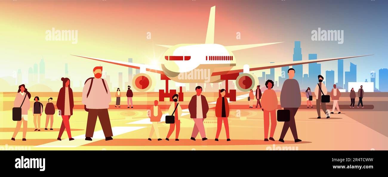 multiethnic people group standing near airplane mix race men women ...