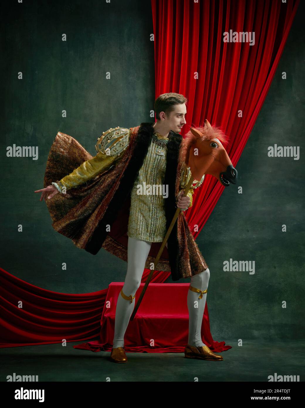 Funny portrait of young man, royal person, prince, duke in vintage ...