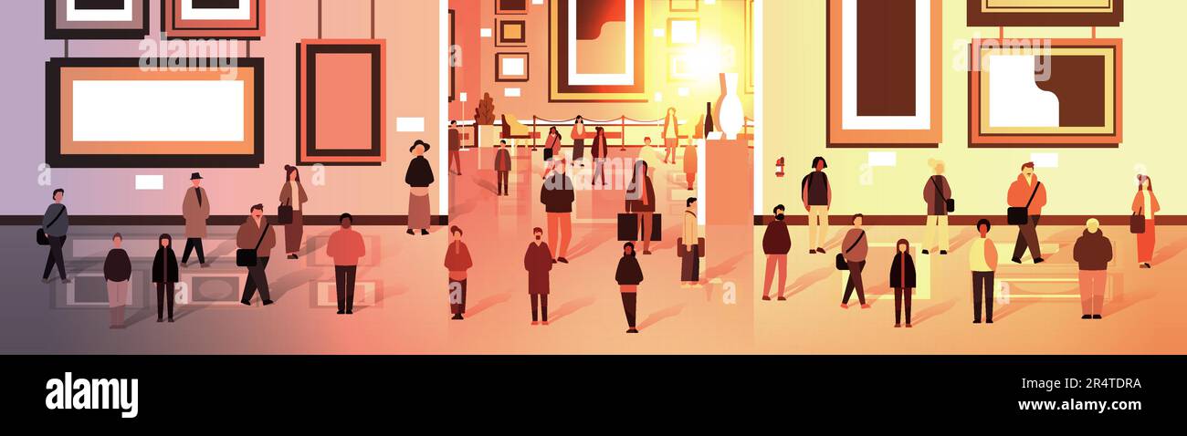 multiethnic people group mix race men women crowd in modern art gallery ...