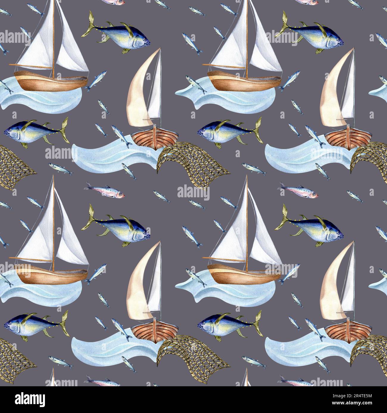 Seamless pattern of sea fish and sail boat watercolor illustration ...