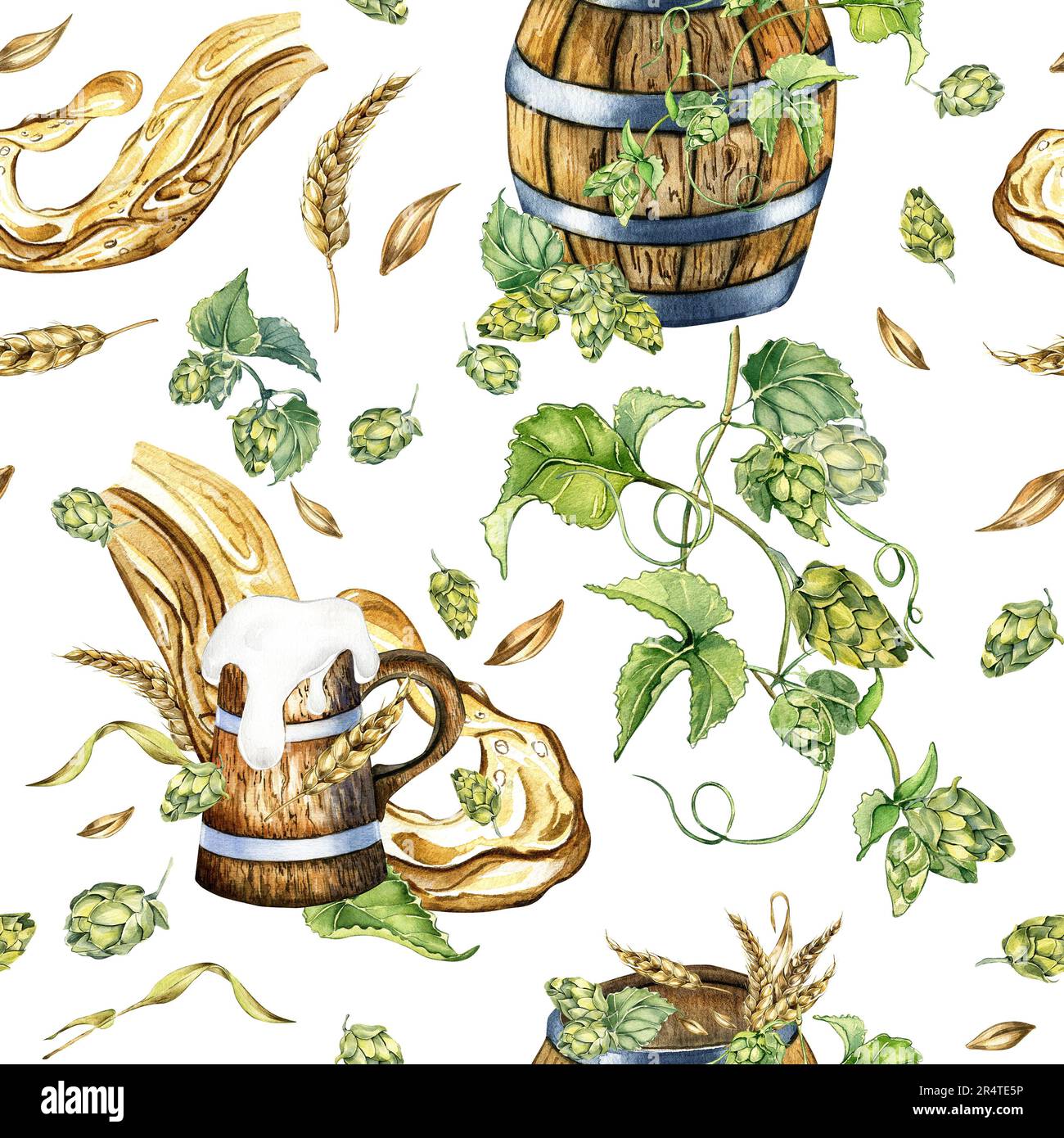 Wooden beer barrel and hop vine, wheat ear watercolor seamless pattern ...