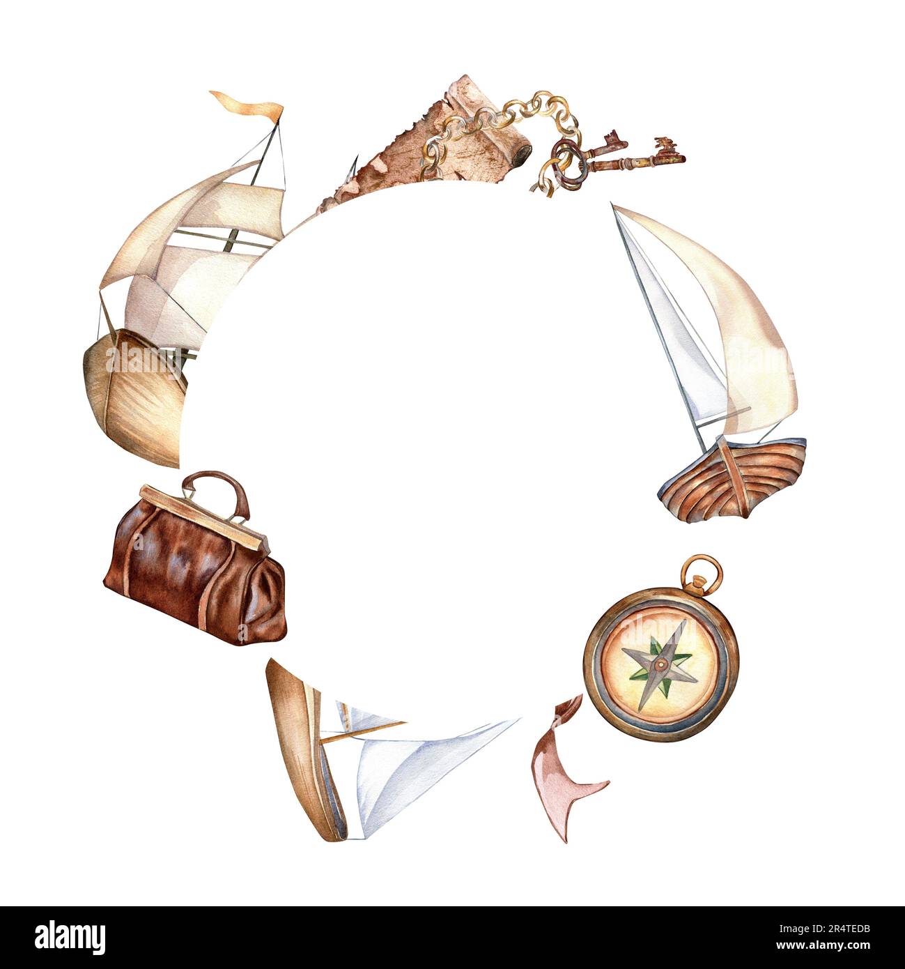 Frame of adventure items, ship watercolor illustration isolated on ...