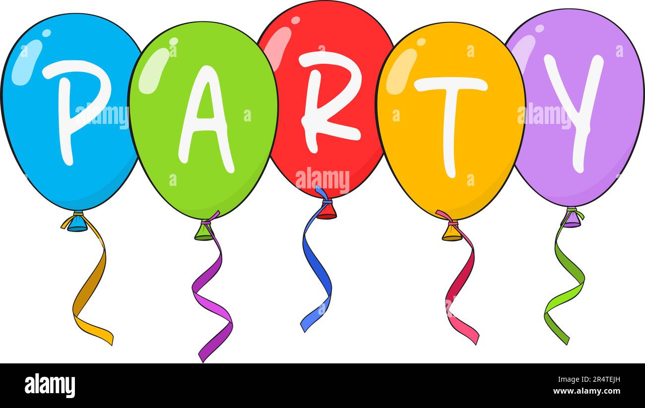 Party lettering with colorful balloons and ribbons. Cartoon. Vector ...
