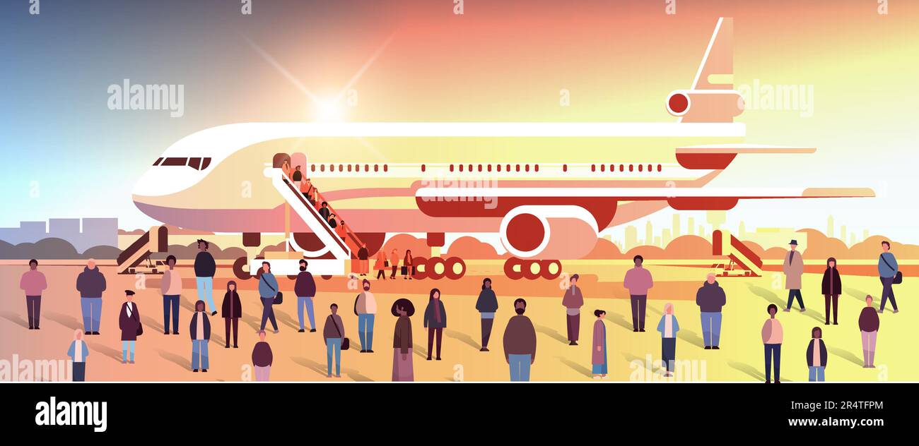 multiethnic people group standing near airplane mix race men women ...