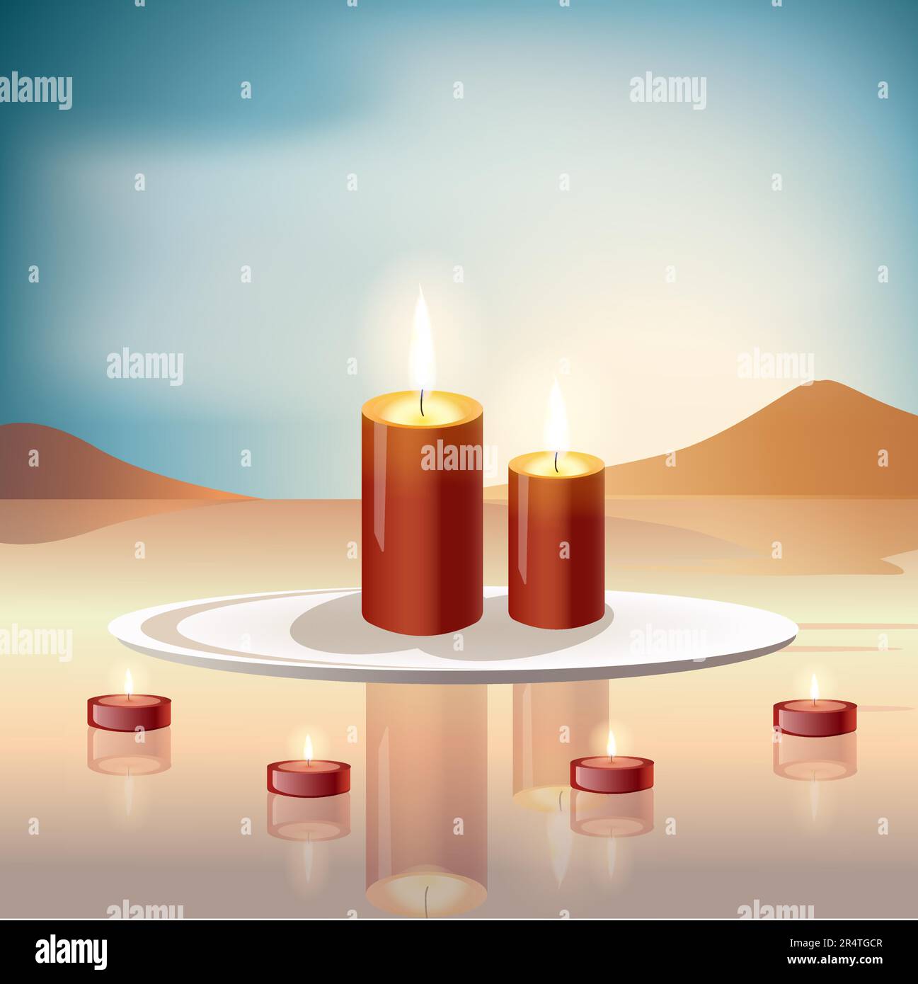 a set of red candles in the desert on a landscape background and on ...