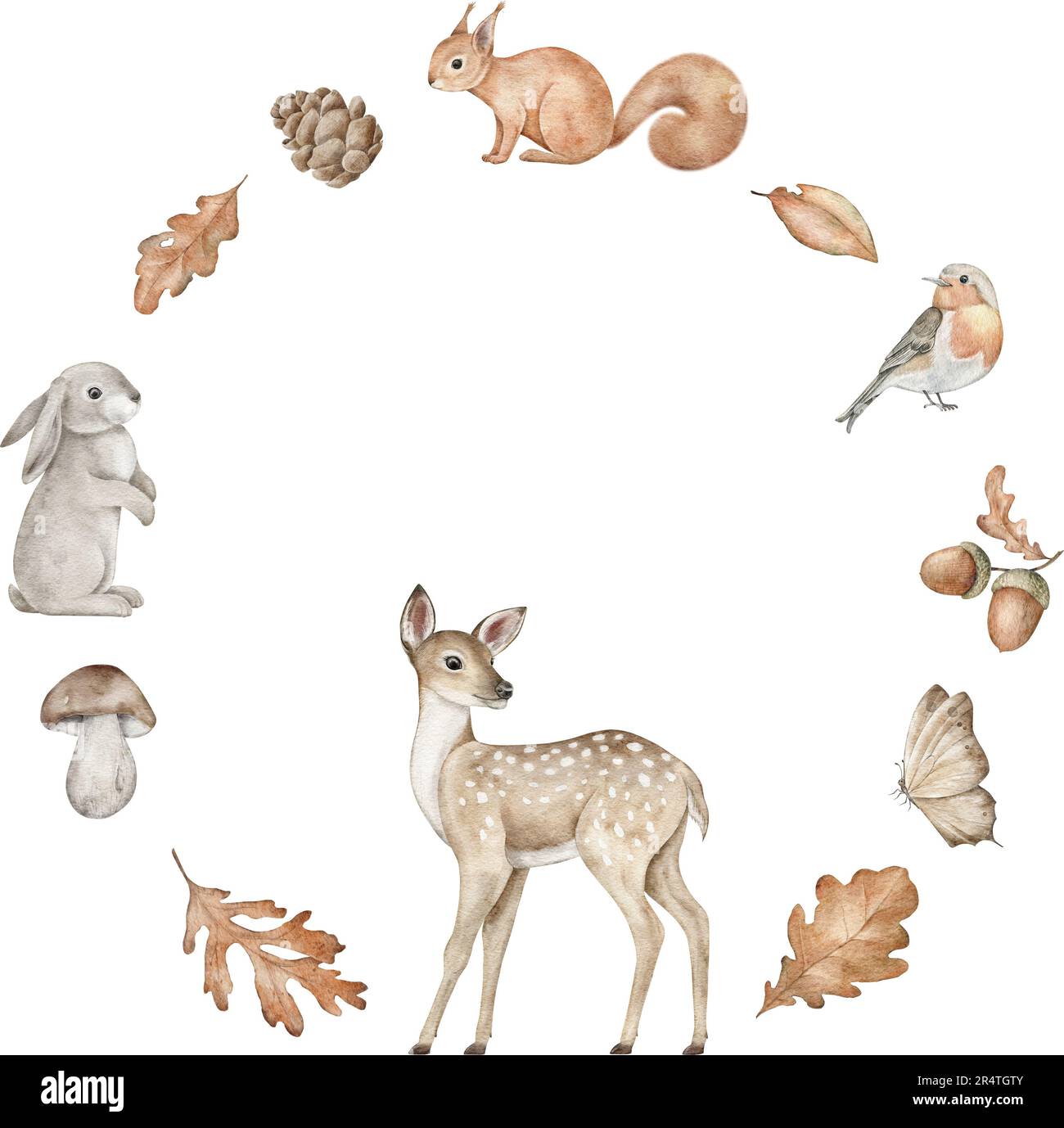 Woodland animals frame with circle place for text. Deer, bunny ...