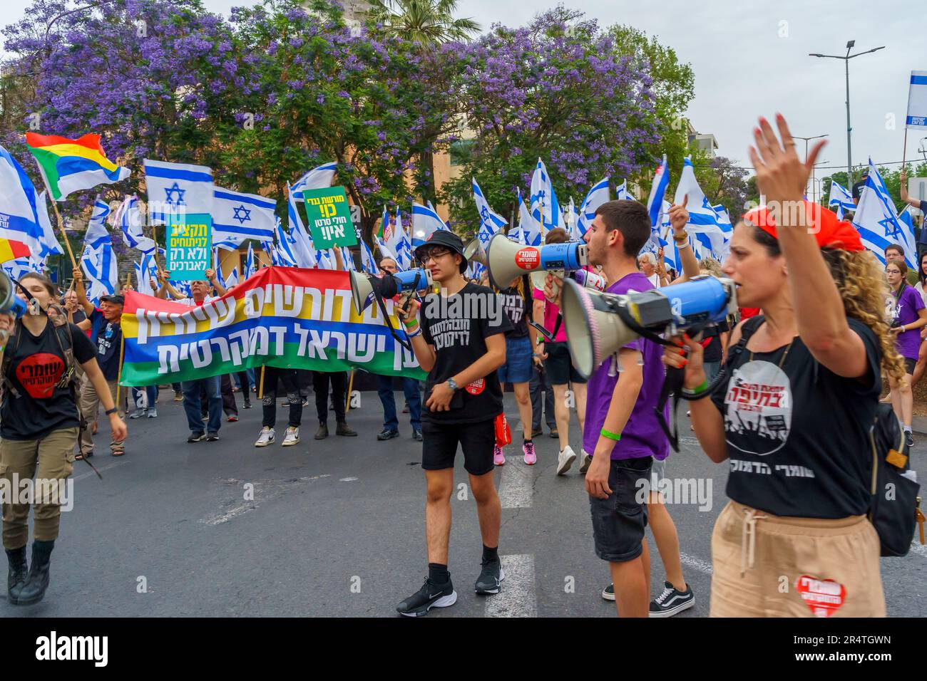 Haifa, Israel - May 27, 2023: People marching with flags and various ...