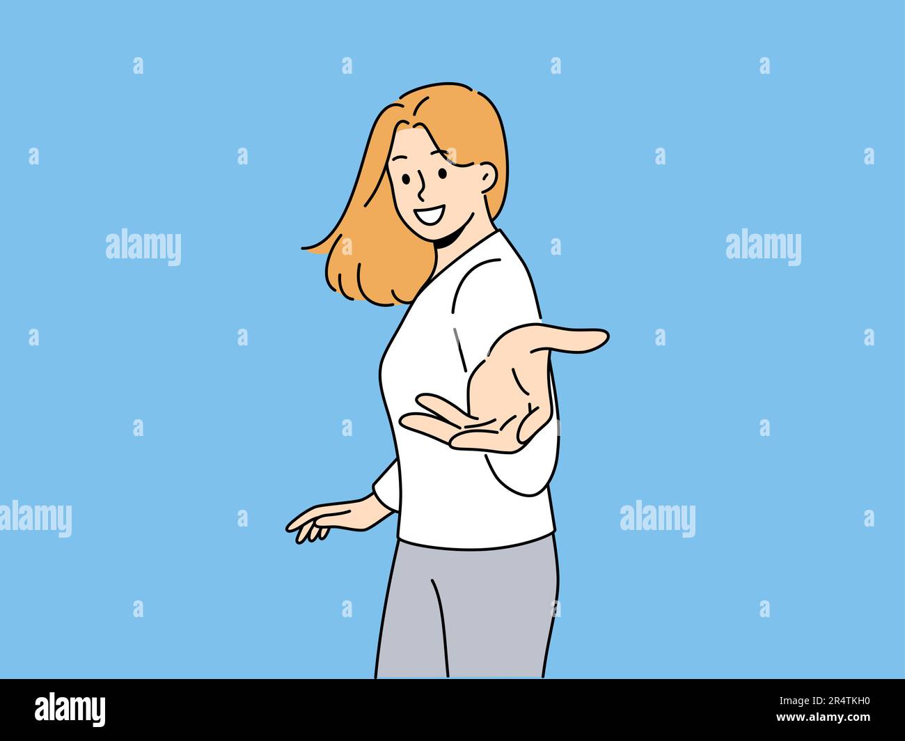 Smiling woman stretch hand to camera invite someone going together ...