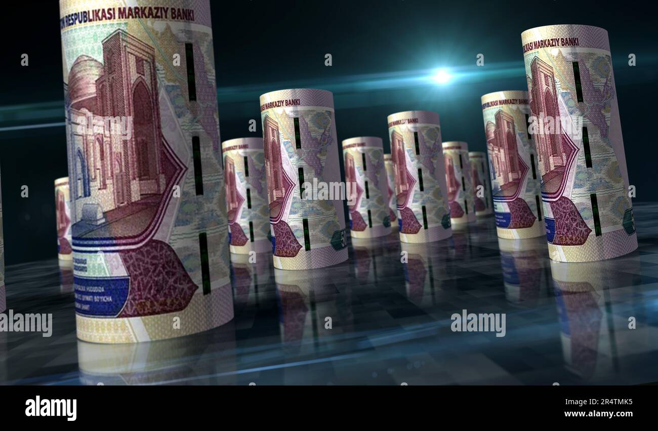Uzbekistan money Uzbek Sum money rolls 3d illustration. 50000 UZS ...