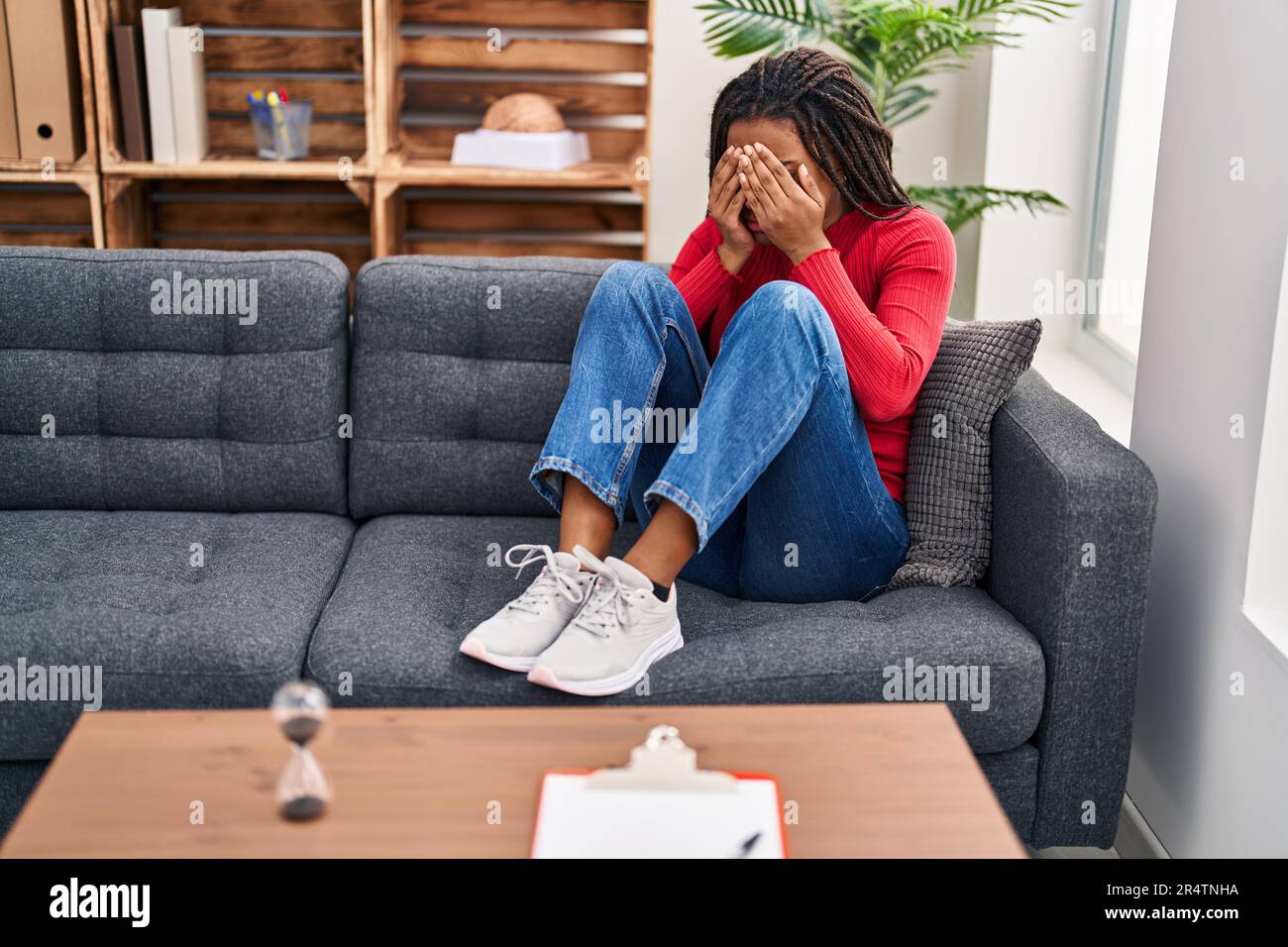 African american woman stressed patient having psychology session at ...