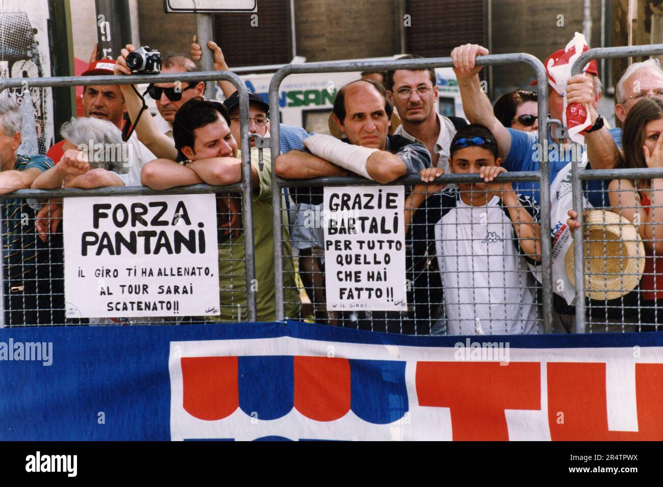 Italian road bike race supporters waiting for the bikers, Italy 1990s ...