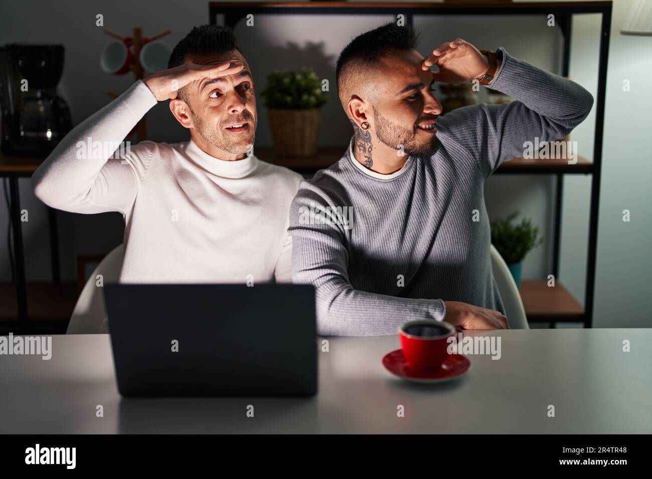 Homosexual couple using computer laptop very happy and smiling looking ...