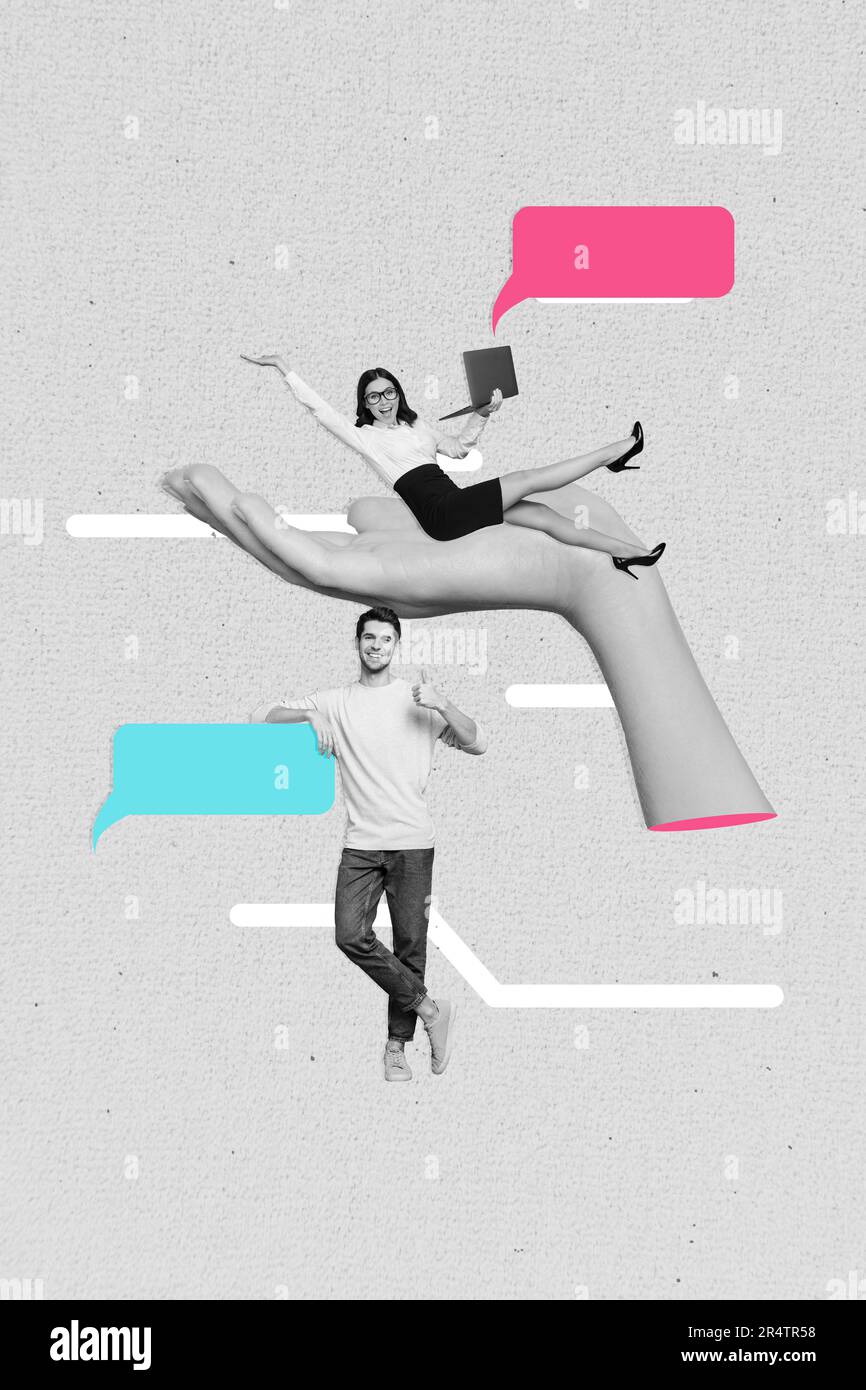 Creative vertical collage sketch of two positive happy people together ...