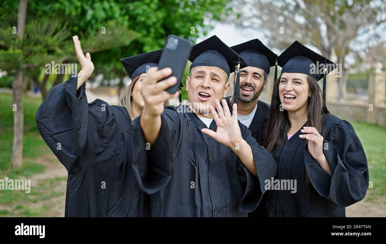 Group of people students graduated having video call at university ...