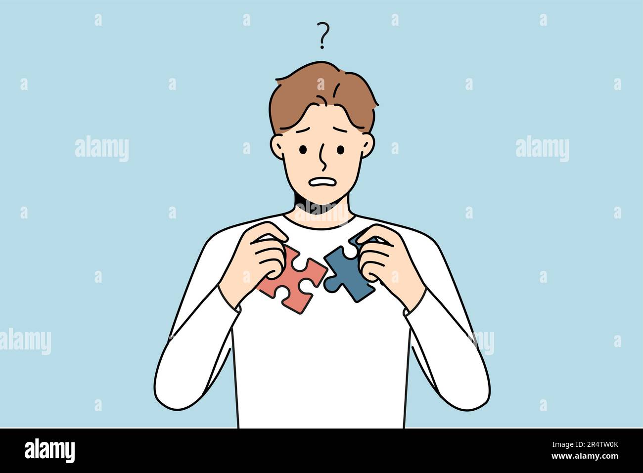Confused man unable to join puzzle pieces. Frustrated guy brainstorm ...