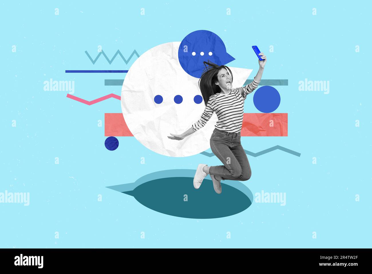 Collage picture of overjoyed mini black white effect girl jumping hold ...