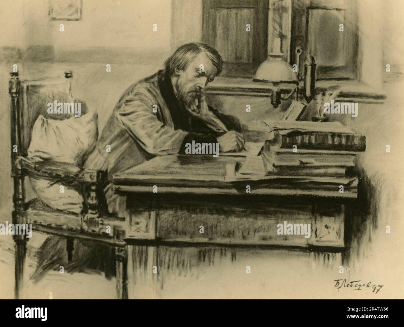 Illustration of a man writing at his desk, Soviet Union 1947 Stock ...