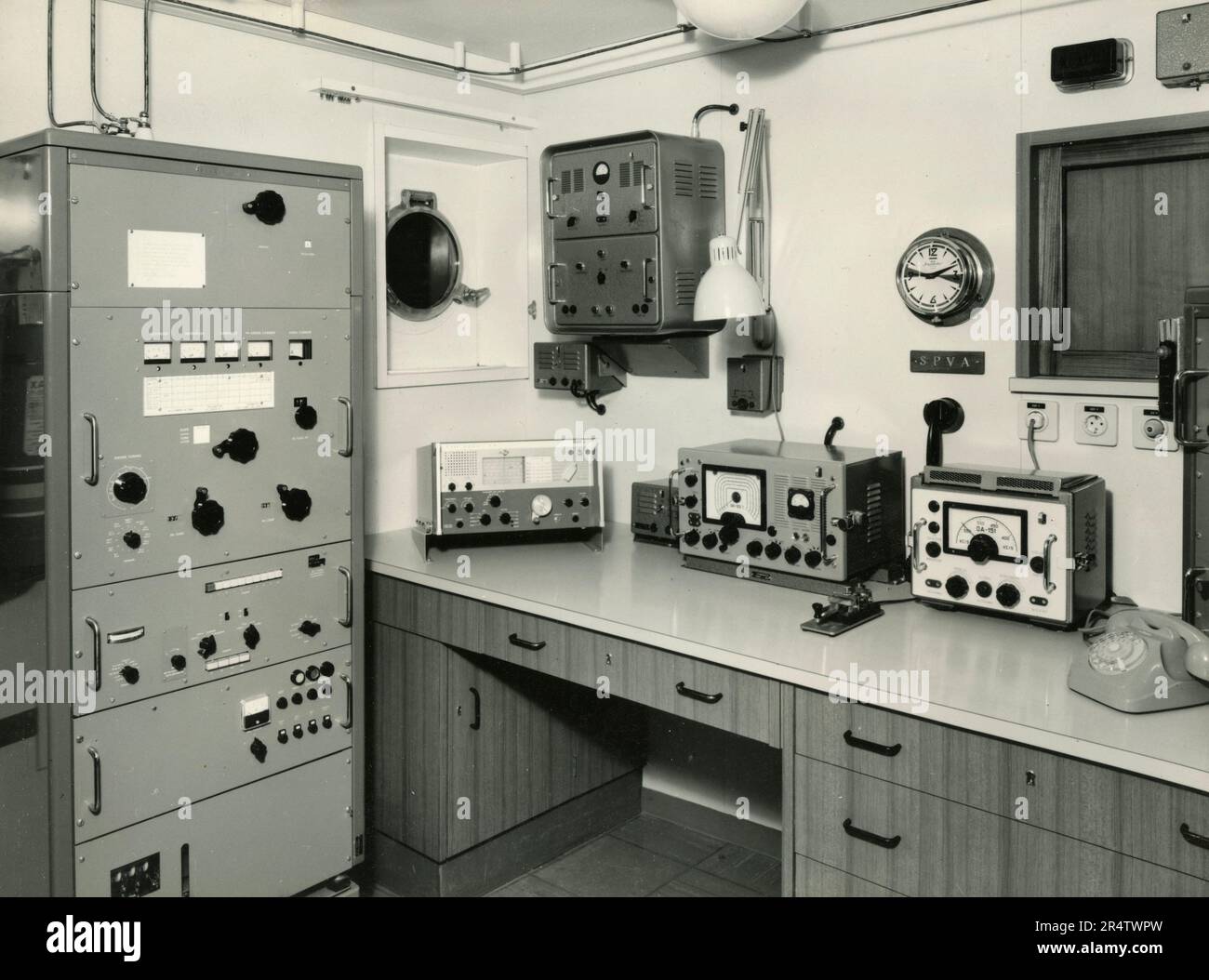 Electronic equipment in the control room of the ship, Italy 1960s Stock ...
