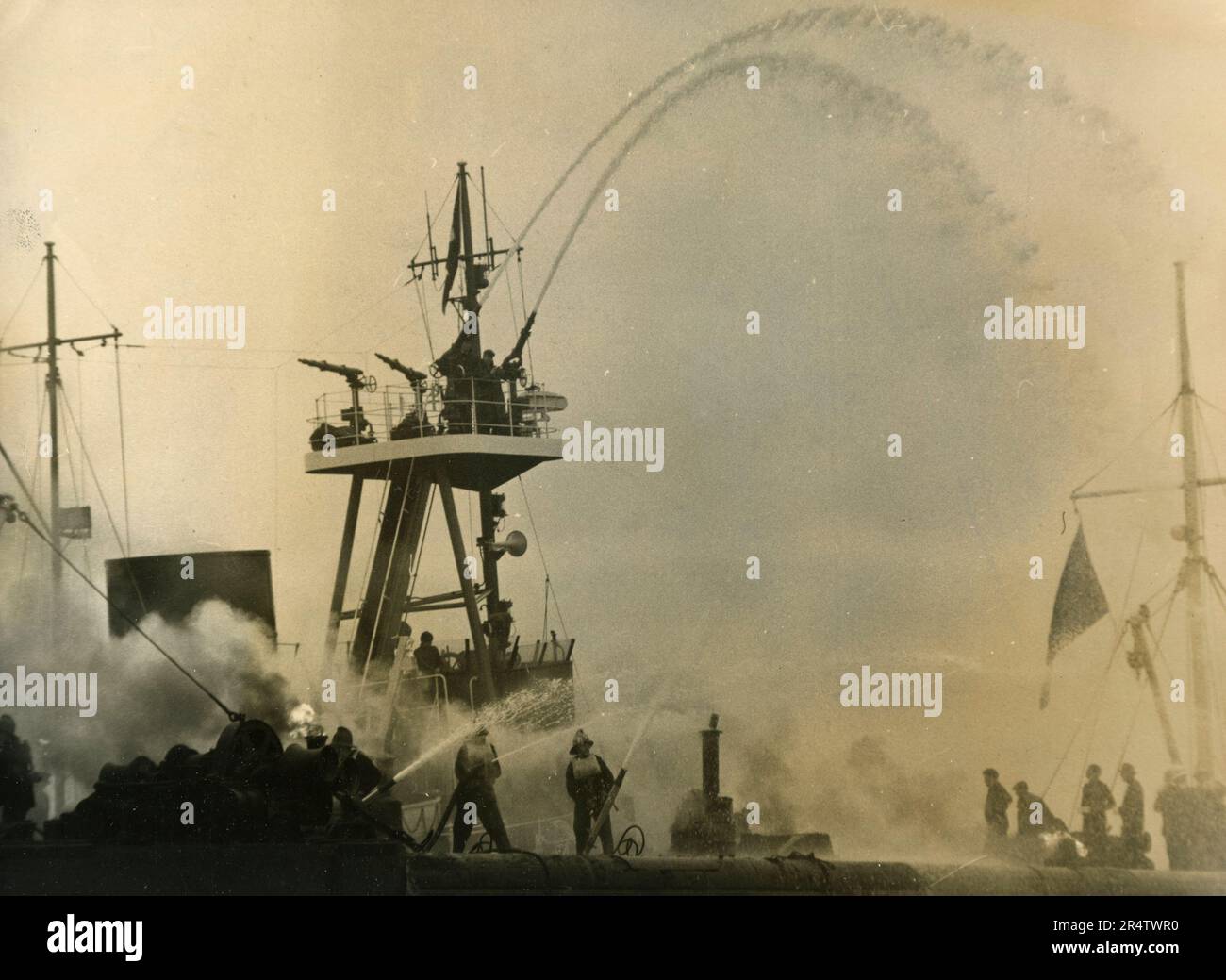 Big fire fighting research exercise on London's river Thames, UK 1965 ...