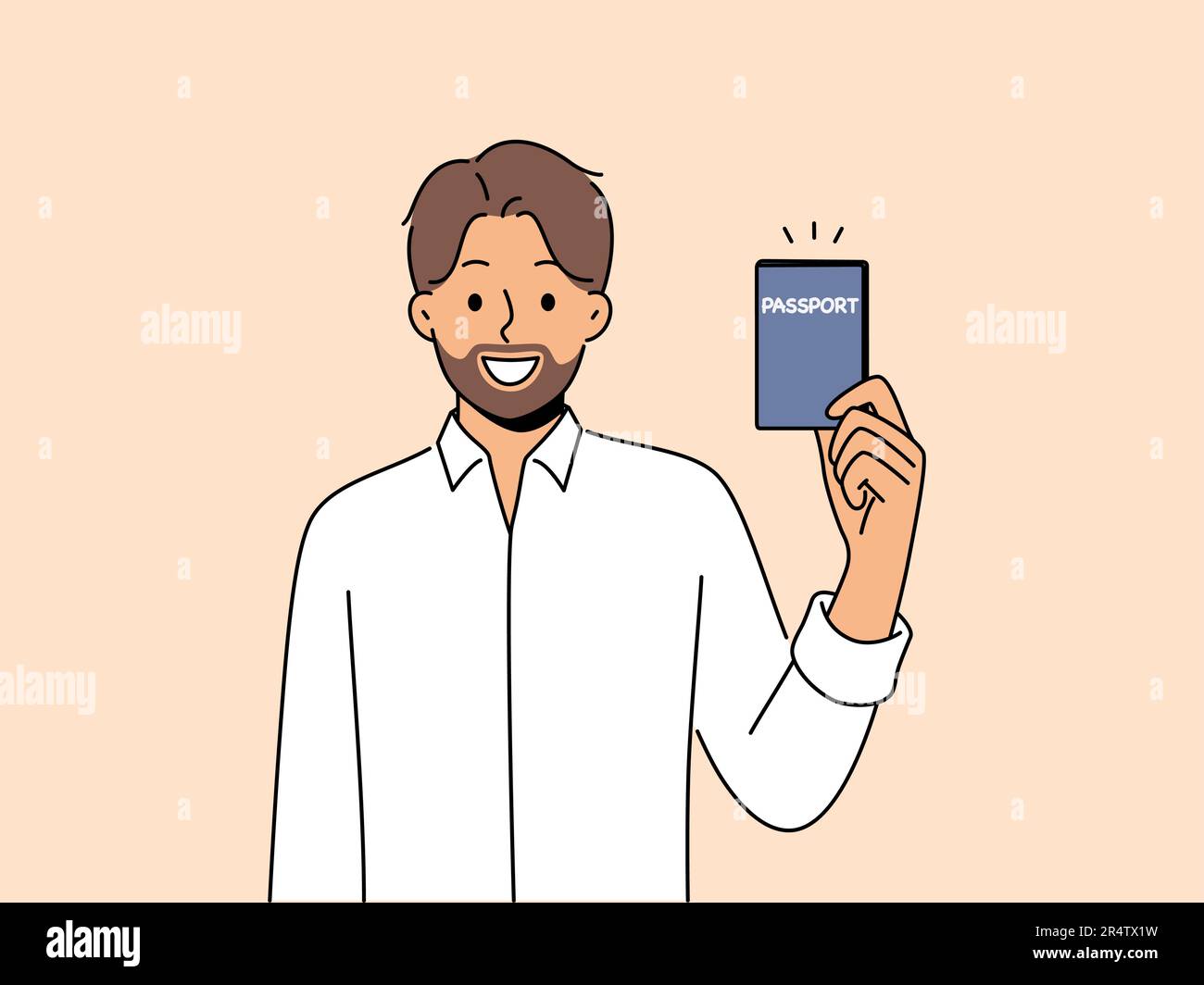 Smiling bearded man showing passport. Happy male citizen receive ...