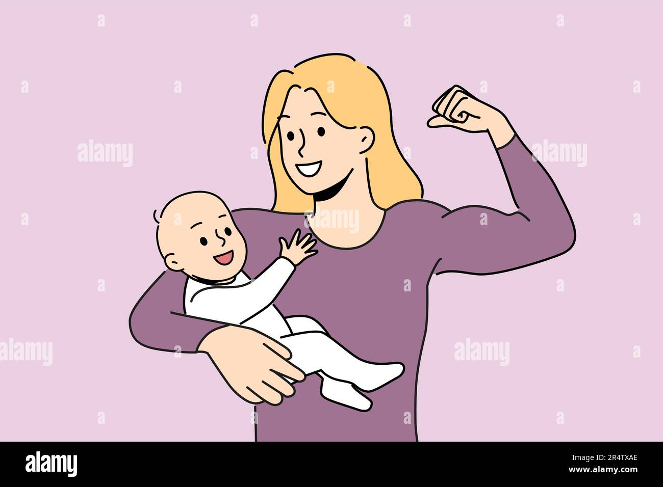 Smiling powerful mother showing bicep holding newborn baby on arms ...