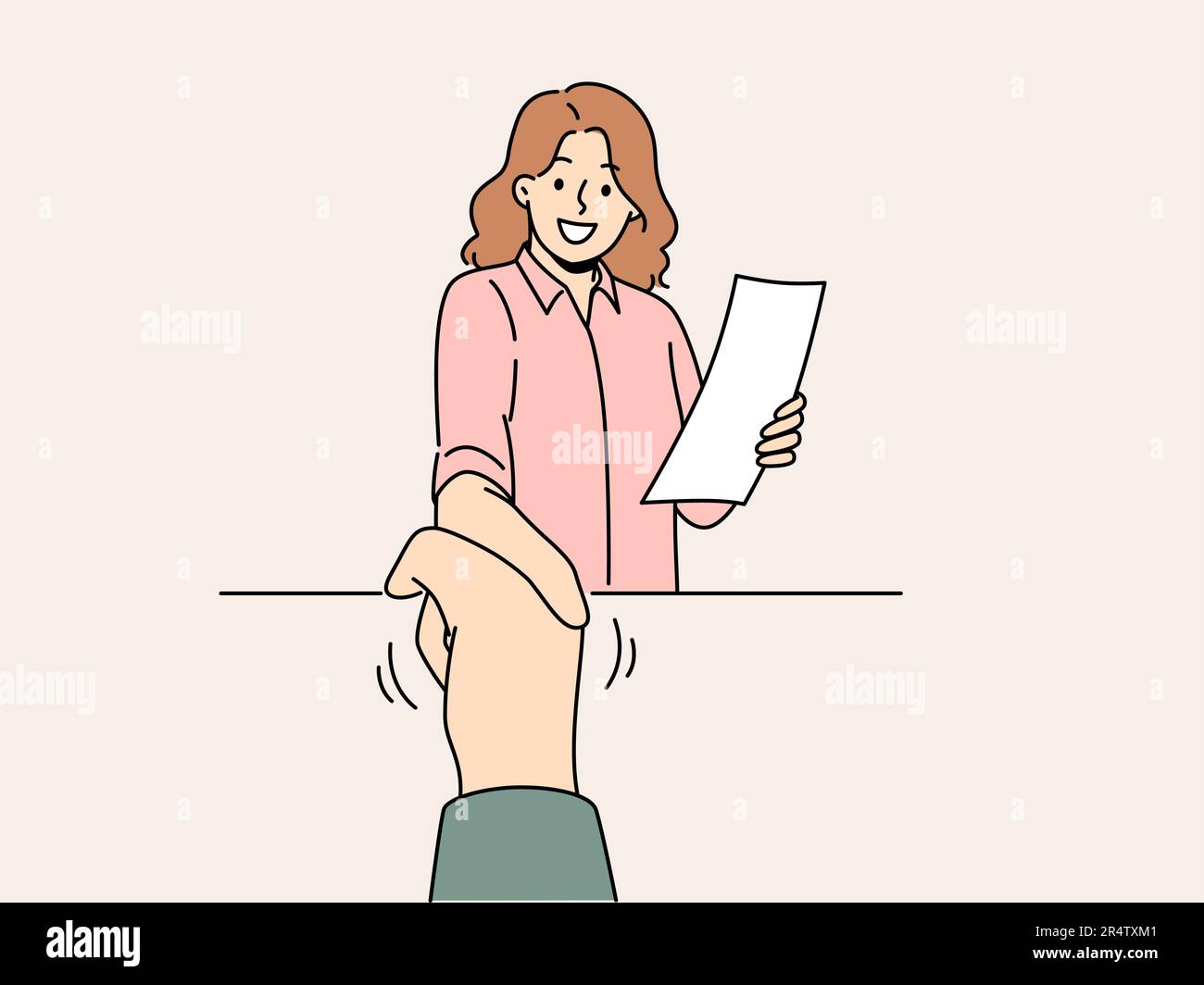 Smiling woman with resume shaking hand with job candidate after ...