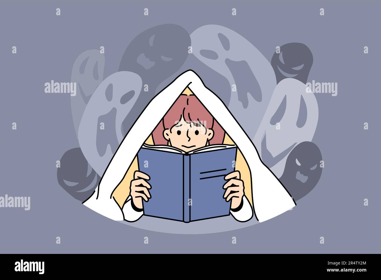 Scared little girl hive under blanket reading scary story. Terrified ...