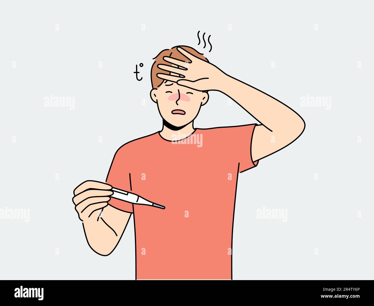Unwell man suffer from influenza or fever measure high temperature on ...