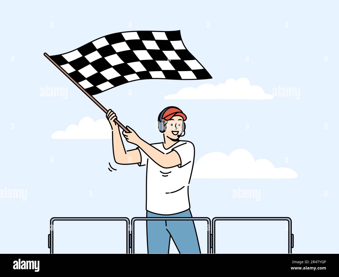 Smiling man in headset waving checkered flag at race on stadium. Happy male employee announce ...