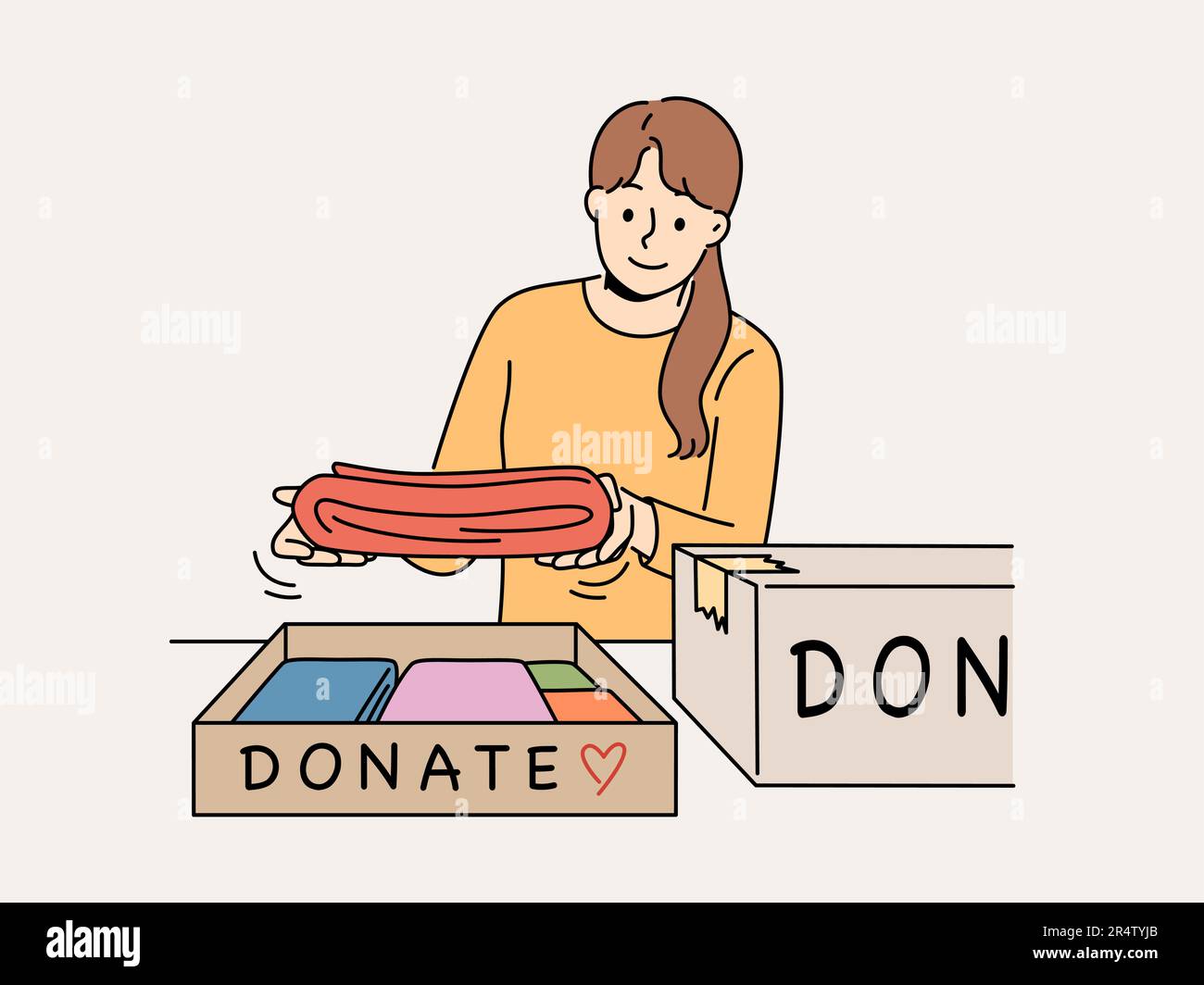 Smiling woman pack clothes in boxes to give for donation or charity ...