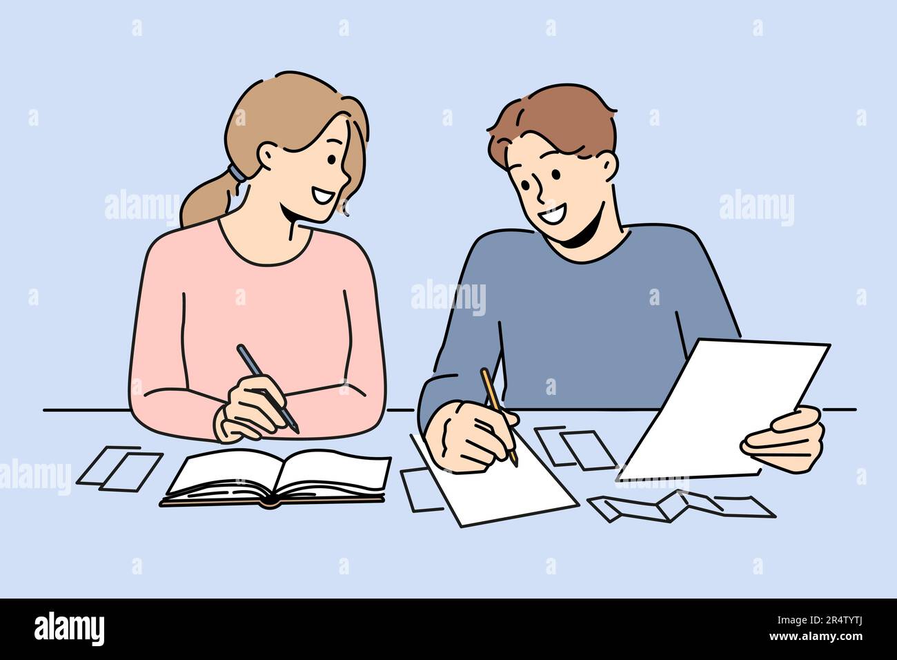 Smiling couple sit at desk managing finances. Happy man and woman take ...