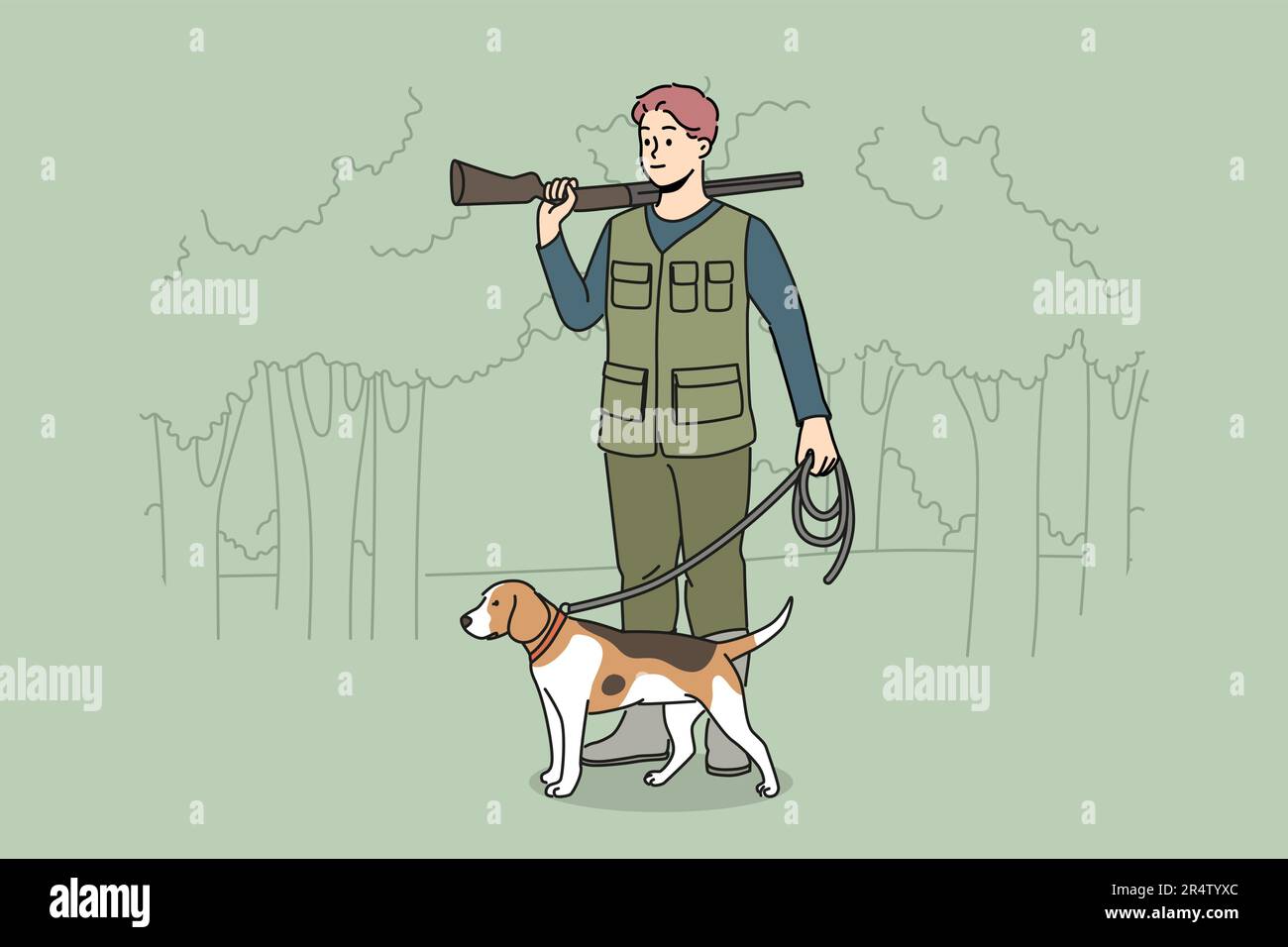 Male hunter in khaki uniform with dog on leash in forest. Man hunting ...