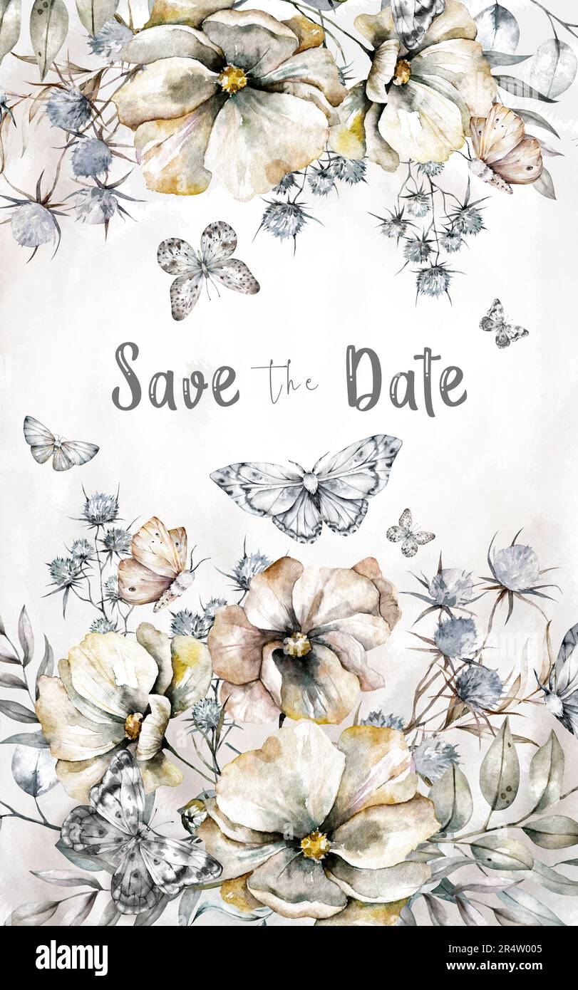 Watercolor butterflies and flowers spring greeting card. Rectangular ...