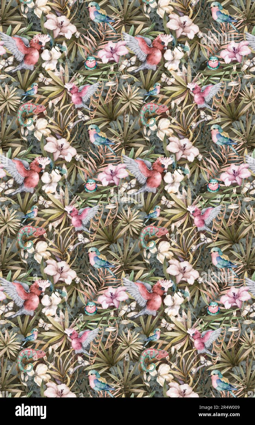 Tropical birds, parrots and lizards watercolor seamless pattern ...