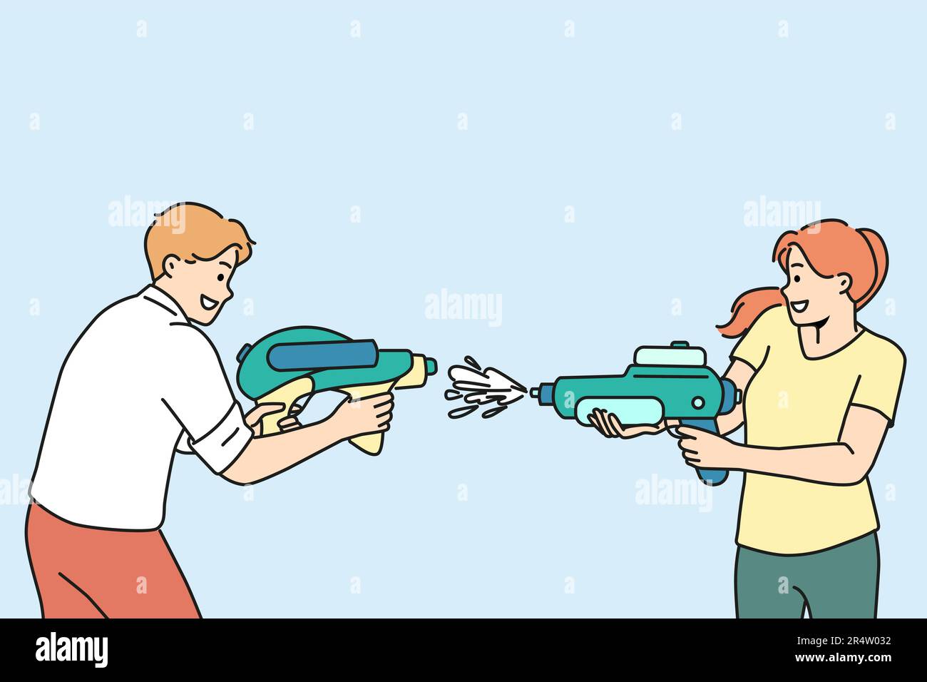 Happy couple shooting with water guns. Smiling man and woman have fun ...