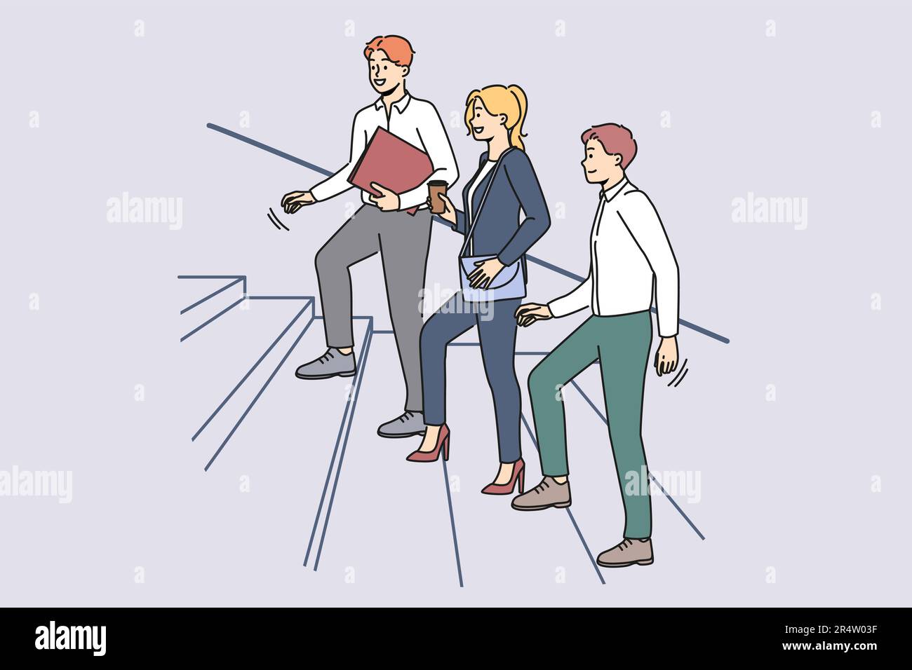 Smiling businesspeople walking stairs to office after coffee break ...