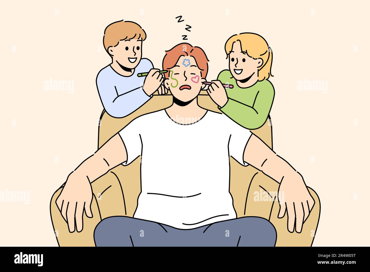 Happy children have fun drawing on father sleeping on chair at home ...
