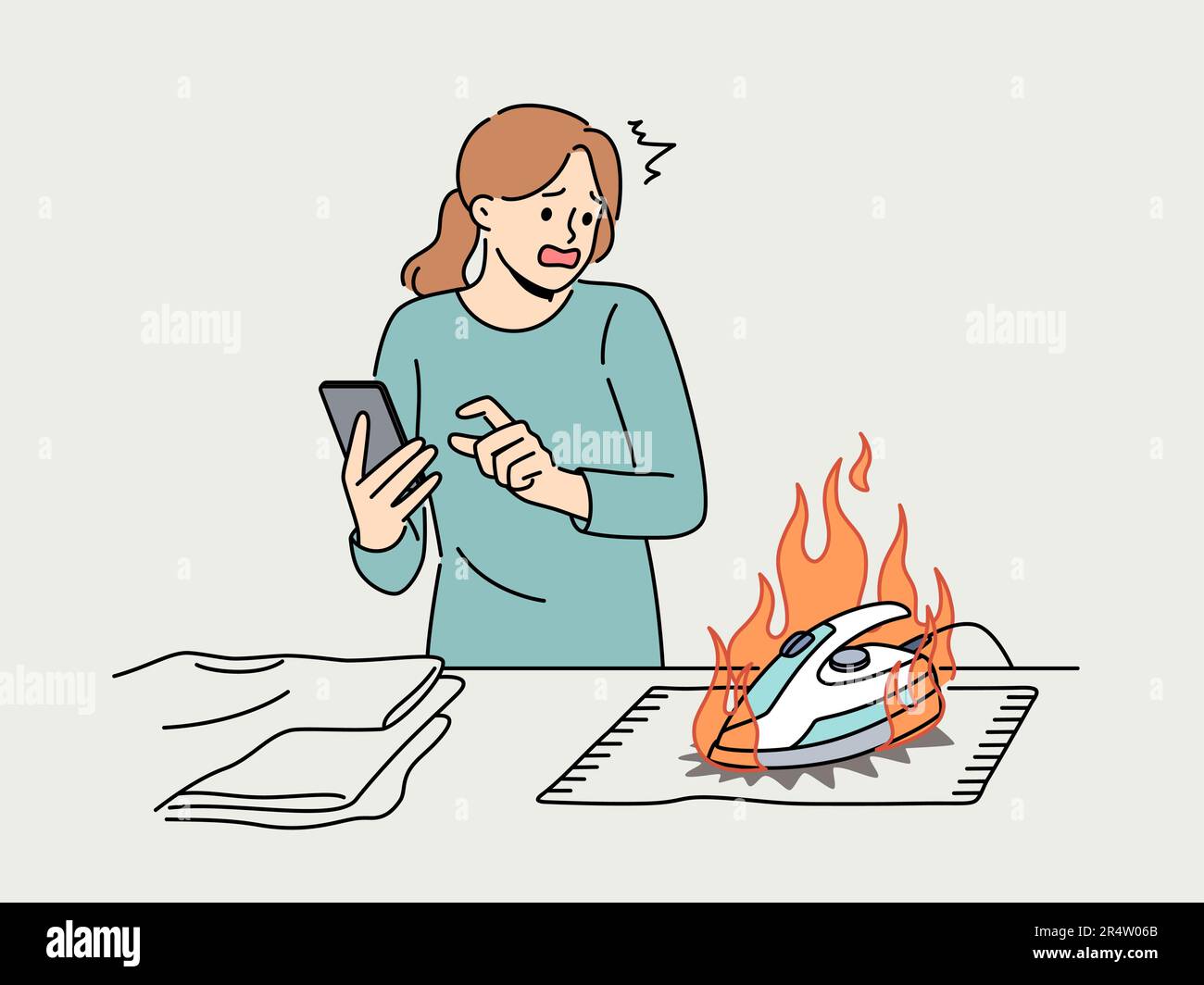 Distracted woman using cellphone burn clothes with iron. Scared ...