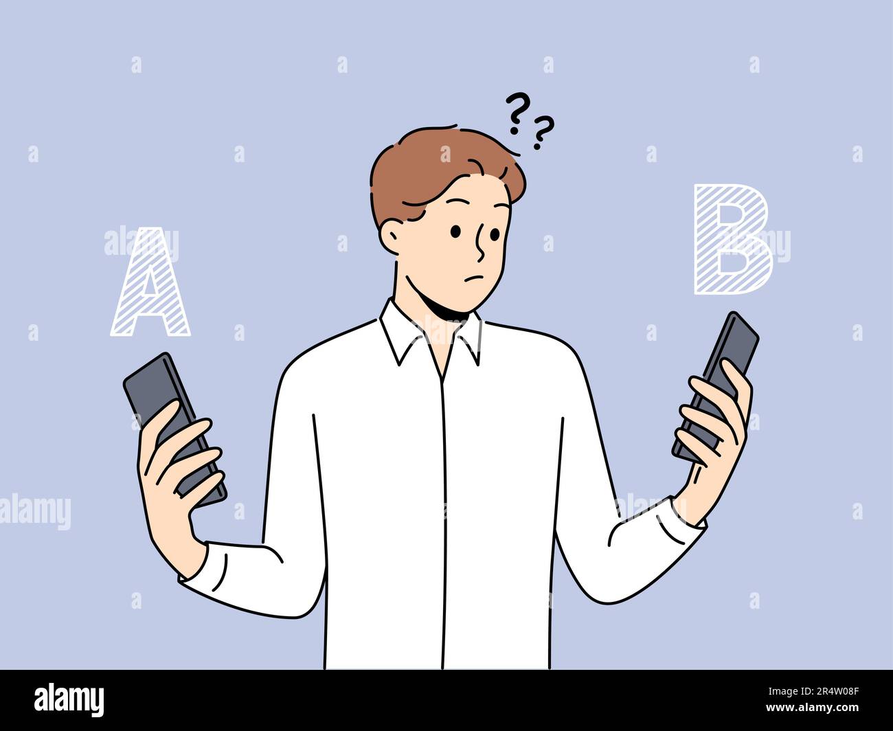 Confused man choose between different cellphones models. Frustrated ...