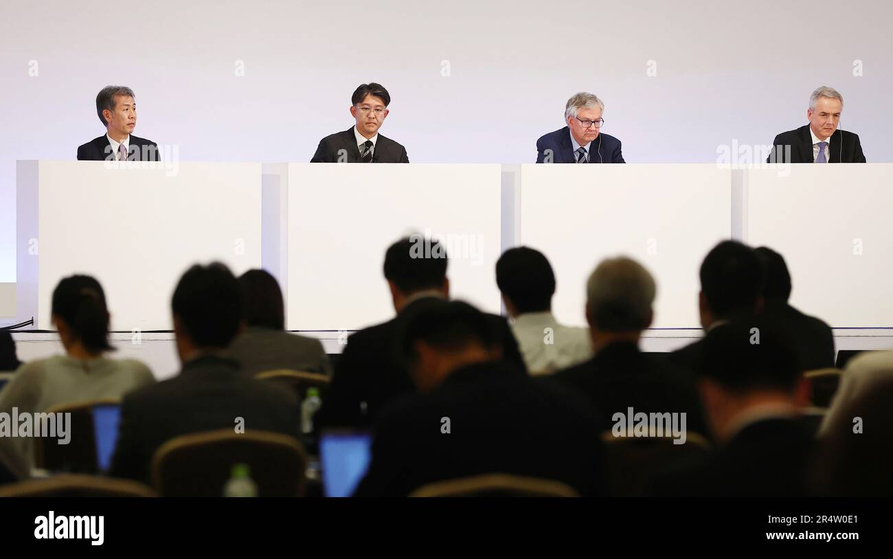 (L-R) Satoshi Ogiso, President of Hino Motors, Koji Sato, President of ...