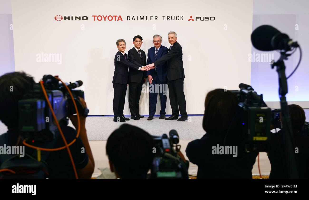 (L-R) Satoshi Ogiso, President of Hino Motors, Koji Sato, President of ...