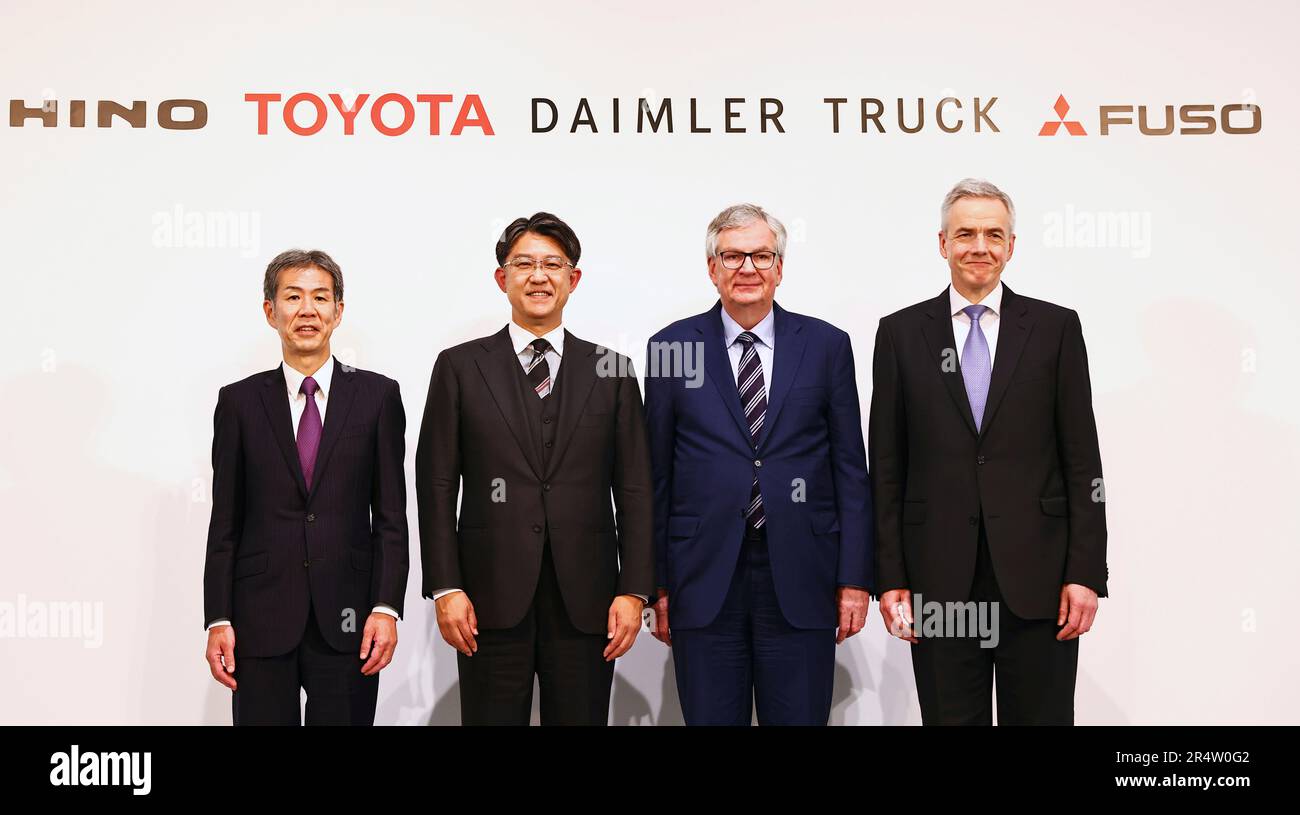 (L-R) Satoshi Ogiso, President of Hino Motors, Koji Sato, President of ...