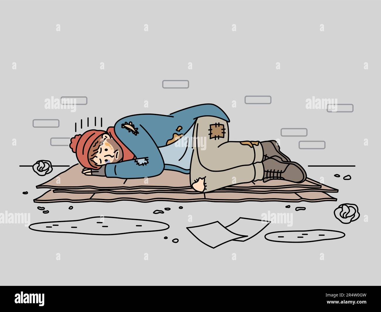 Unhappy homeless man sleeping on street suffer from poverty and hunger ...