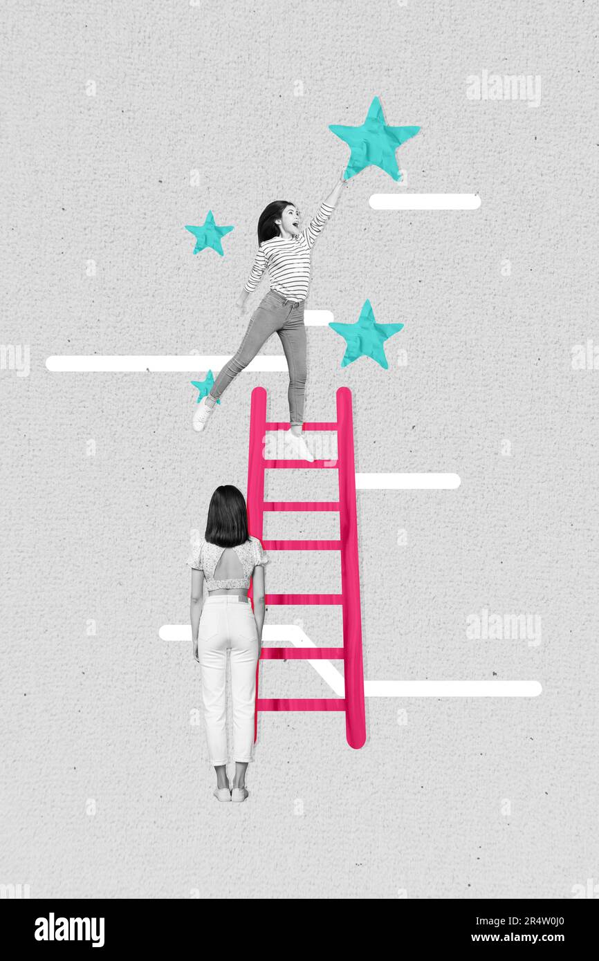 Vertical collage success girls reach height ladder motivation catching ...