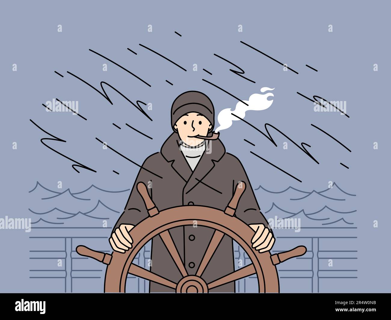 Captain in outerwear standing at ship steering wheel smoking pipe ...