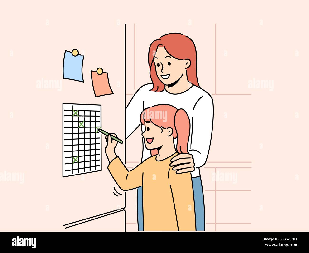 Smiling mother and daughter put marks on to do list on fridge. Happy ...